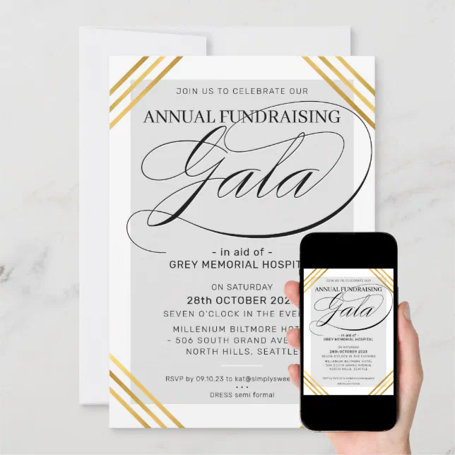 FUNDRAISING GALA event fancy gold frame gray Invitation | Zazzle