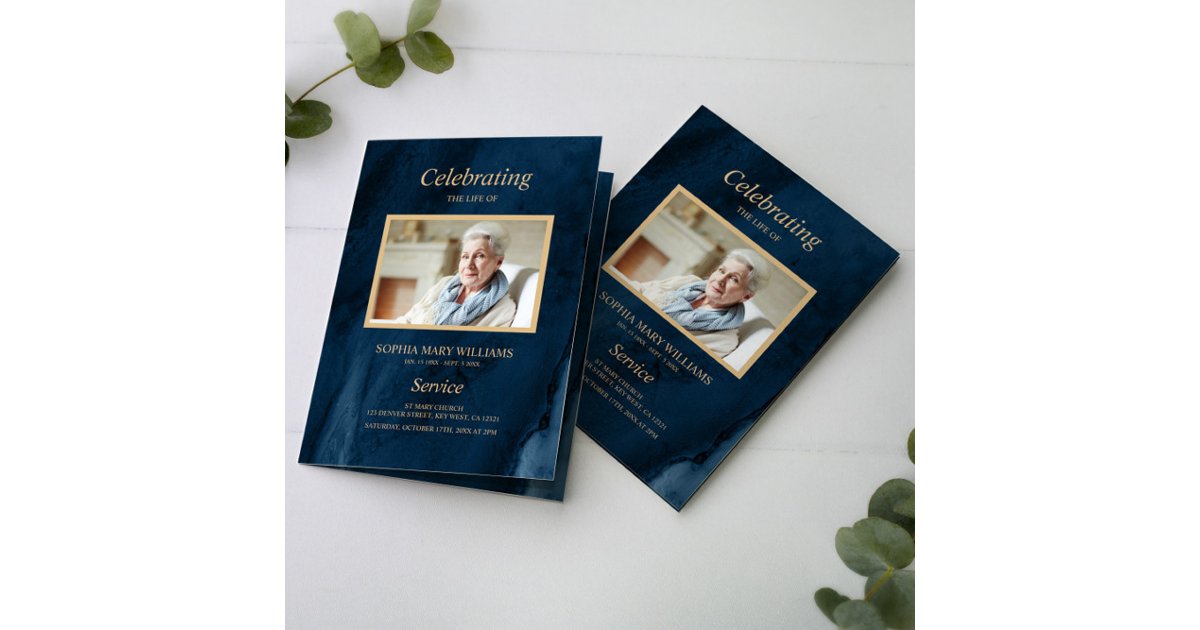 Funeral Blue & Gold Calligraphy |Memorial Program | Zazzle