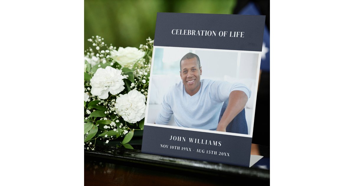 Funeral blue photo memorial celebration of life pedestal sign | Zazzle