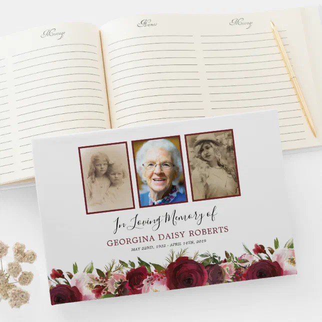 Funeral Condolence | 3 Photo Memorial Floral Guest Book | Zazzle