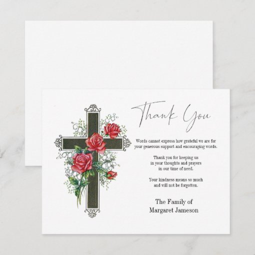 Funeral Condolence Sympathy Cross with Roses Thank You Card | Zazzle