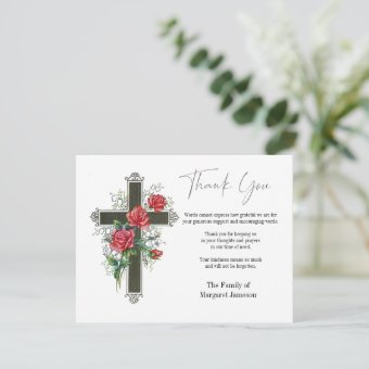 Funeral Condolence Sympathy Cross with Roses Thank You Card | Zazzle