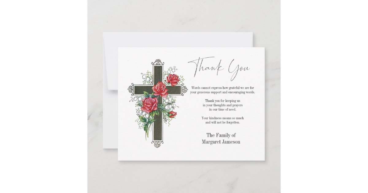Funeral Condolence Sympathy Cross with Roses Thank You Card | Zazzle