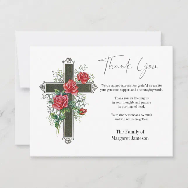 Funeral Condolence Sympathy Cross with Roses Thank You Card | Zazzle