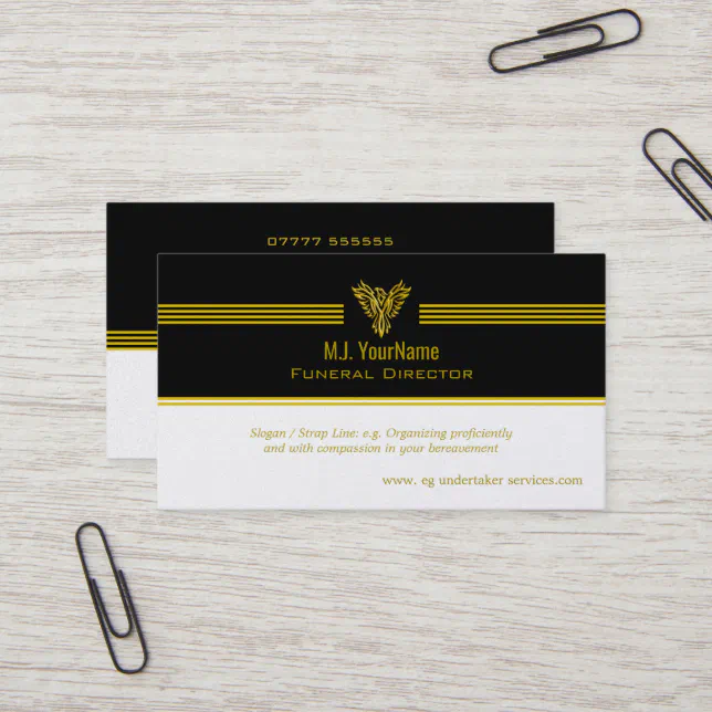 Funeral Director gold stripes and rising phoenix Business Card | Zazzle