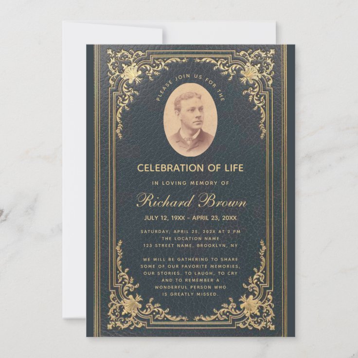 Funeral Elegant Vintage Blue Gold Photo Invitation | Zazzle