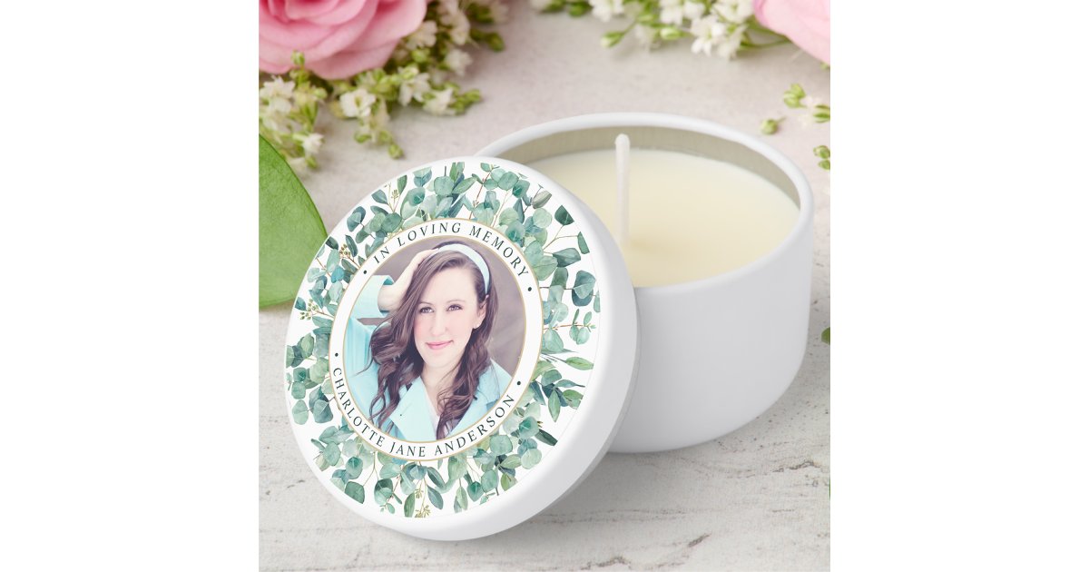 Funeral Eucalyptus Personalized Photo Memorial Mini Candle Favors | Zazzle
