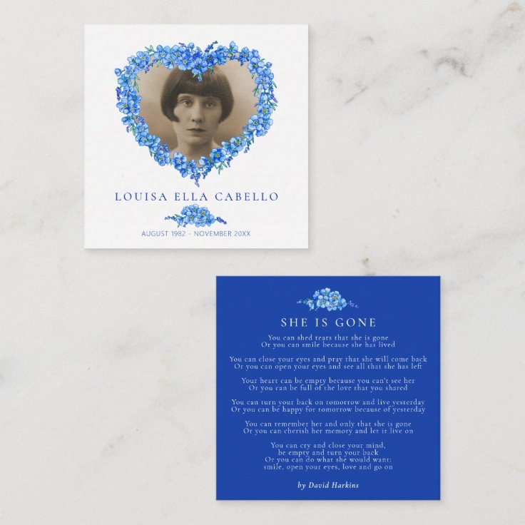 Funeral forget-me-nots she is gone poem blue note card | Zazzle