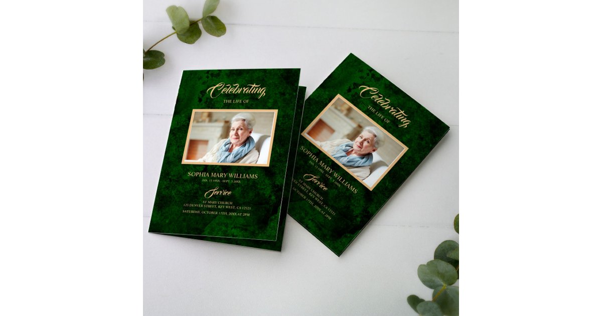 Funeral Green & Gold Calligraphy |Memorial Program | Zazzle