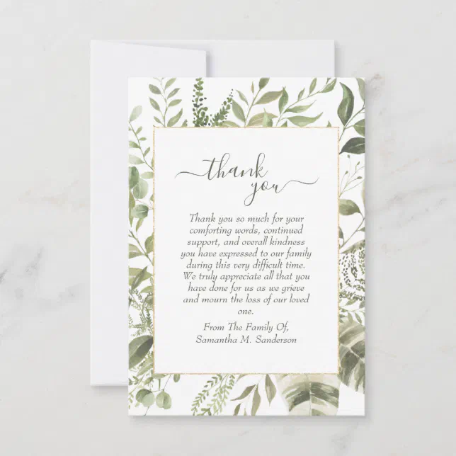 Funeral Greenery Watercolor In Loving Memory Thank You Card | Zazzle