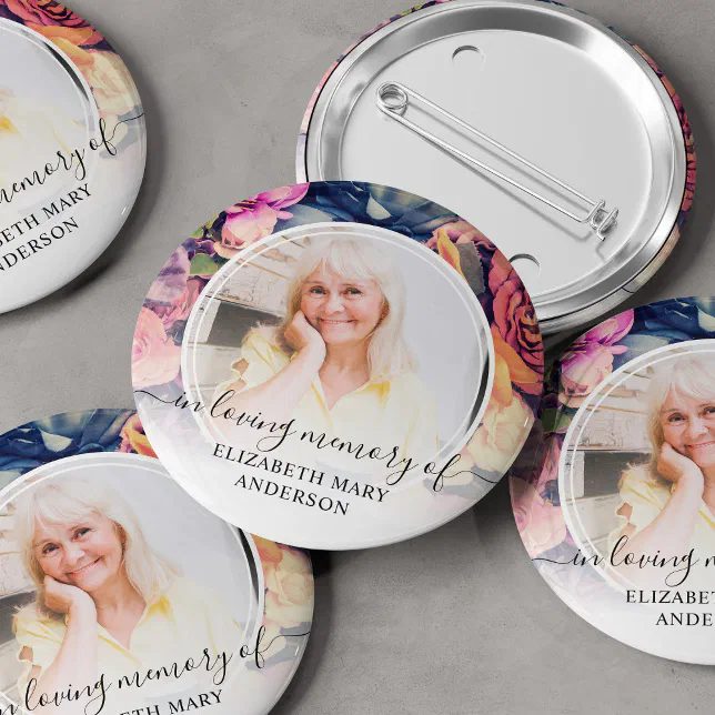 Funeral In Loving Memory Moody Floral Photo Button | Zazzle