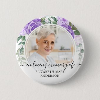 Funeral In Loving Memory Purple Floral Photo Button | Zazzle