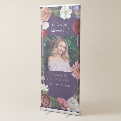 Funeral In Loving Memory Purple Roses Floral Photo Retractable Banner ...