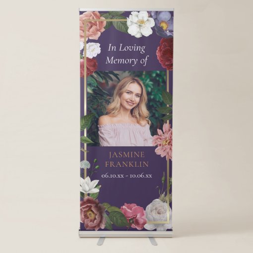 Funeral In Loving Memory Purple Roses Floral Photo Retractable Banner ...