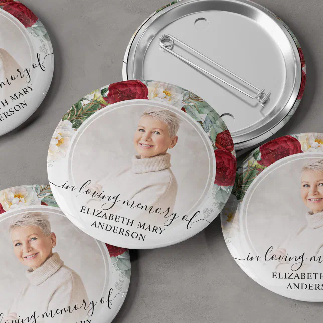 Funeral In Loving Memory Red Roses Floral Photo Button | Zazzle