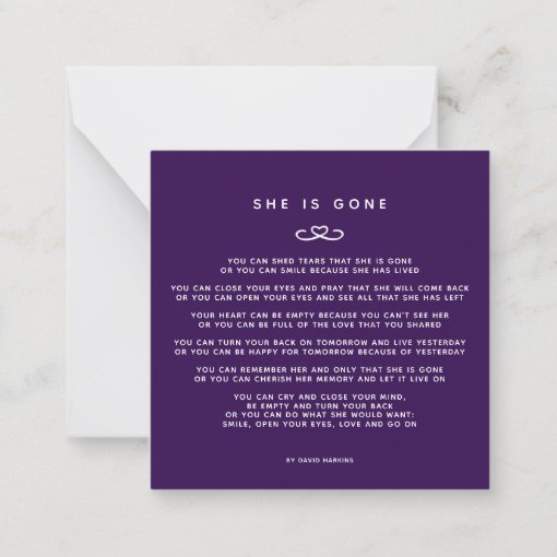 Funeral in our hearts she is gone poem purple note card | Zazzle