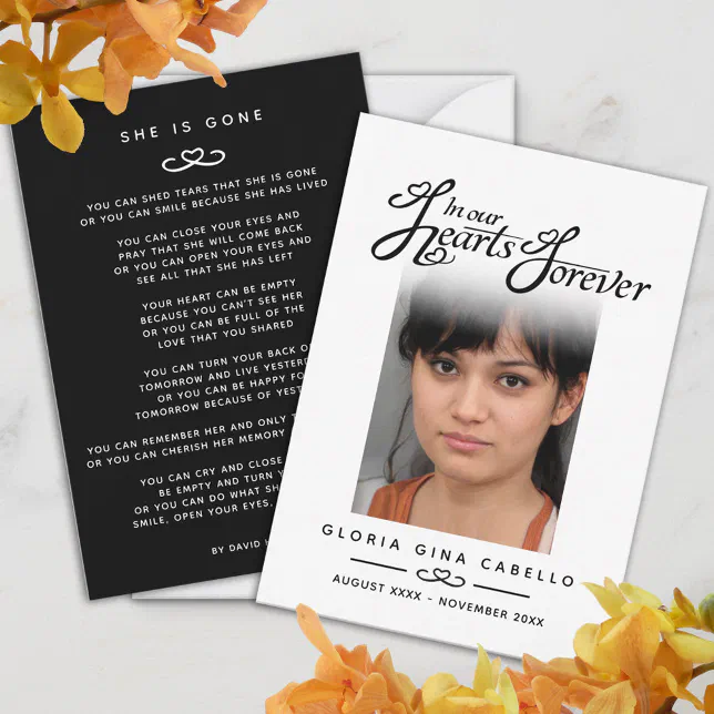 Funeral in our hearts she is gone poem white black note card | Zazzle