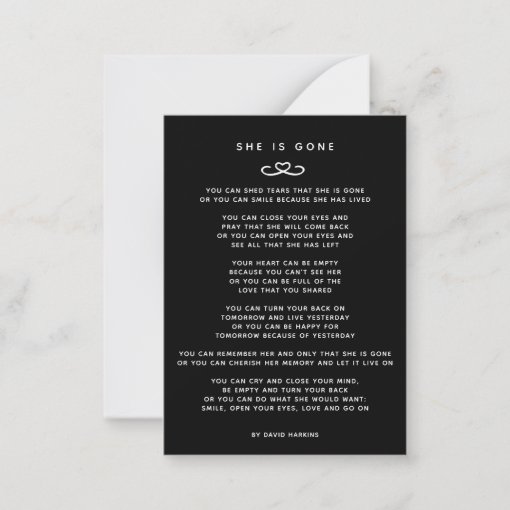 Funeral in our hearts she is gone poem white black note card | Zazzle