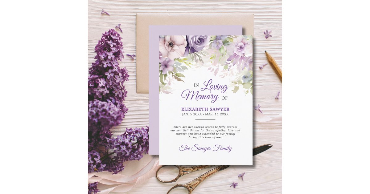 Funeral Lavender Purple Violet Memory THANK YOU Card | Zazzle