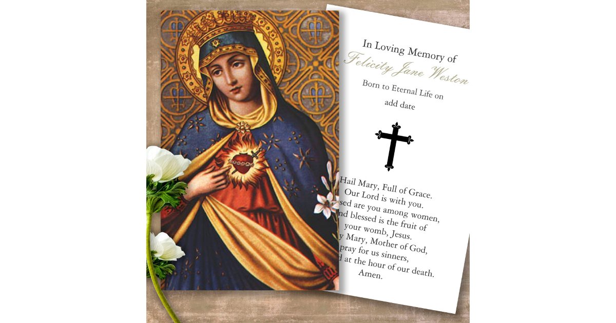 Funeral Loss Mary Heart Prayer Sympathy Cards | Zazzle