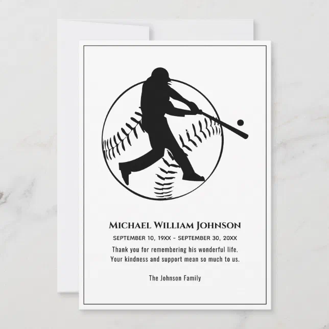 Funeral Memorial Black And White Baseball Batter Thank You Card | Zazzle