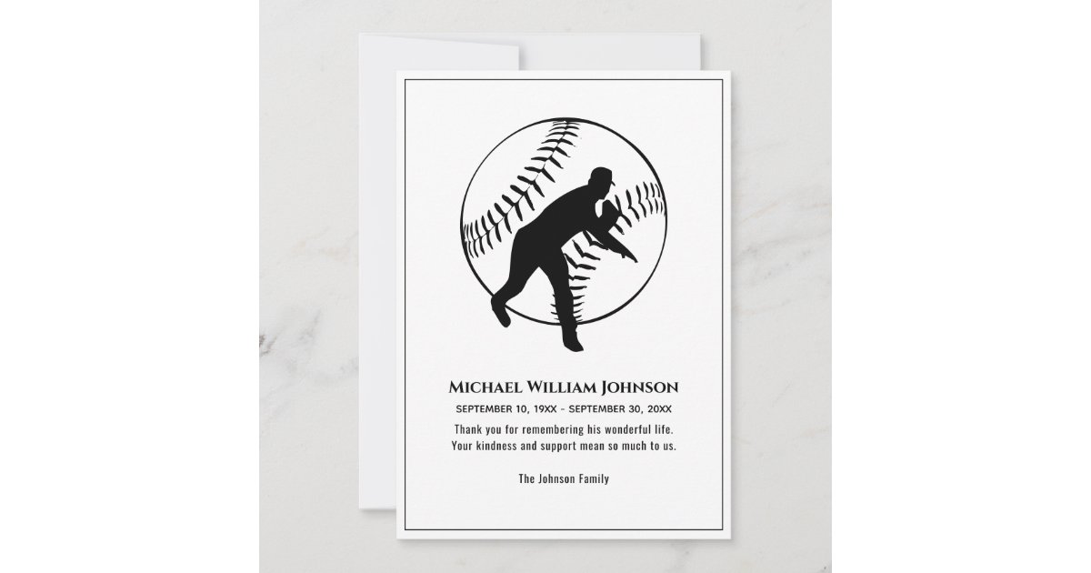 Funeral Memorial Black And White Baseball Pitcher Thank You Card | Zazzle
