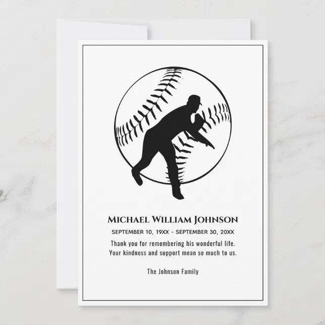 Funeral Memorial Black And White Baseball Pitcher Thank You Card | Zazzle