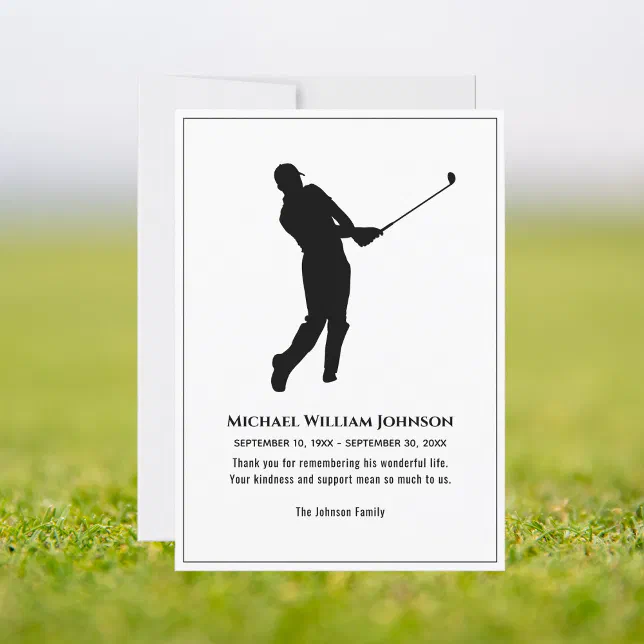 Funeral Memorial Black And White Golf Player Thank You Card | Zazzle