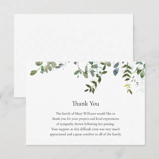 Funeral Memorial Greenery Thank You Note Card | Zazzle