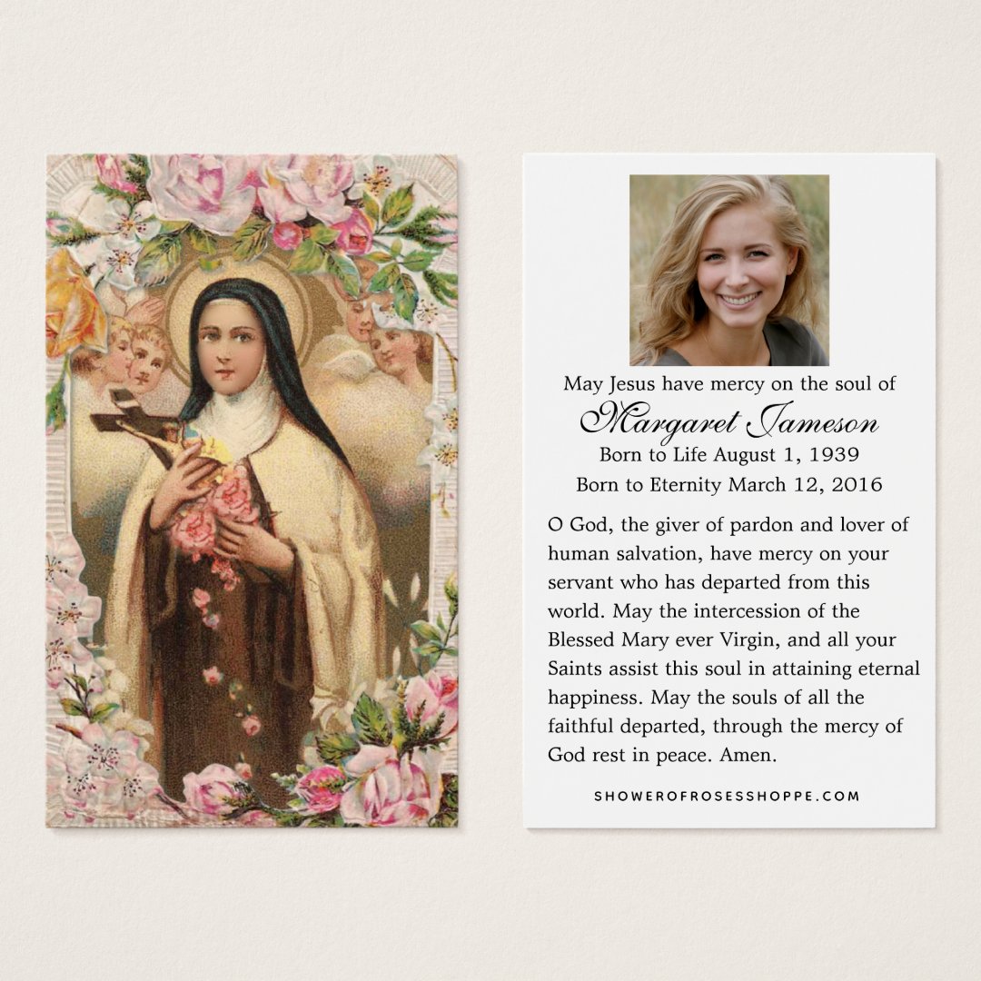 Funeral Memorial Holy Card St. Therese Roses | Zazzle