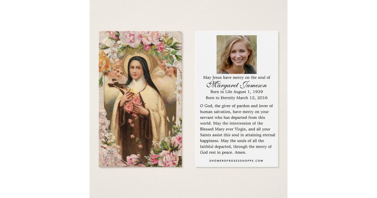 Funeral Memorial Holy Card St. Therese Roses | Zazzle