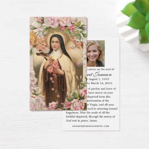 Funeral Memorial Holy Card St. Therese Roses | Zazzle