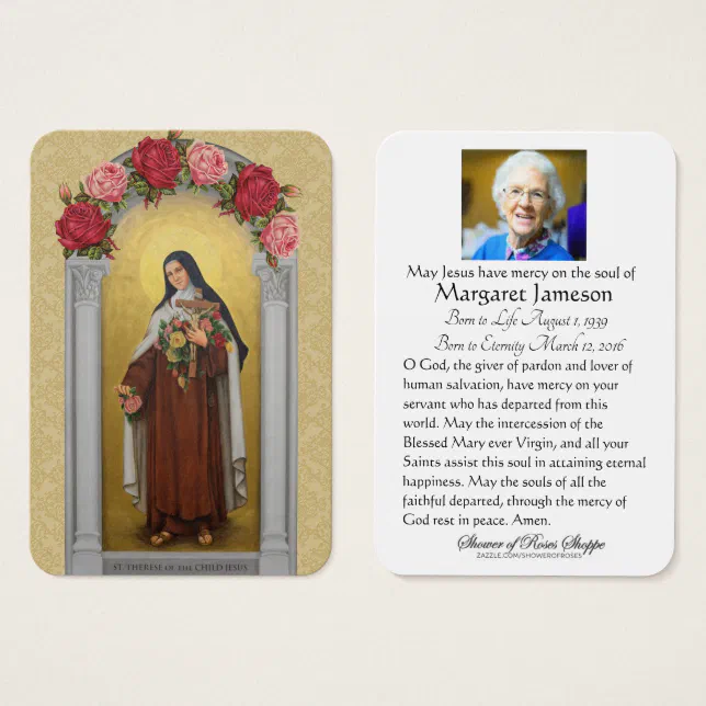 Funeral Memorial Holy Card St. Therese Roses | Zazzle