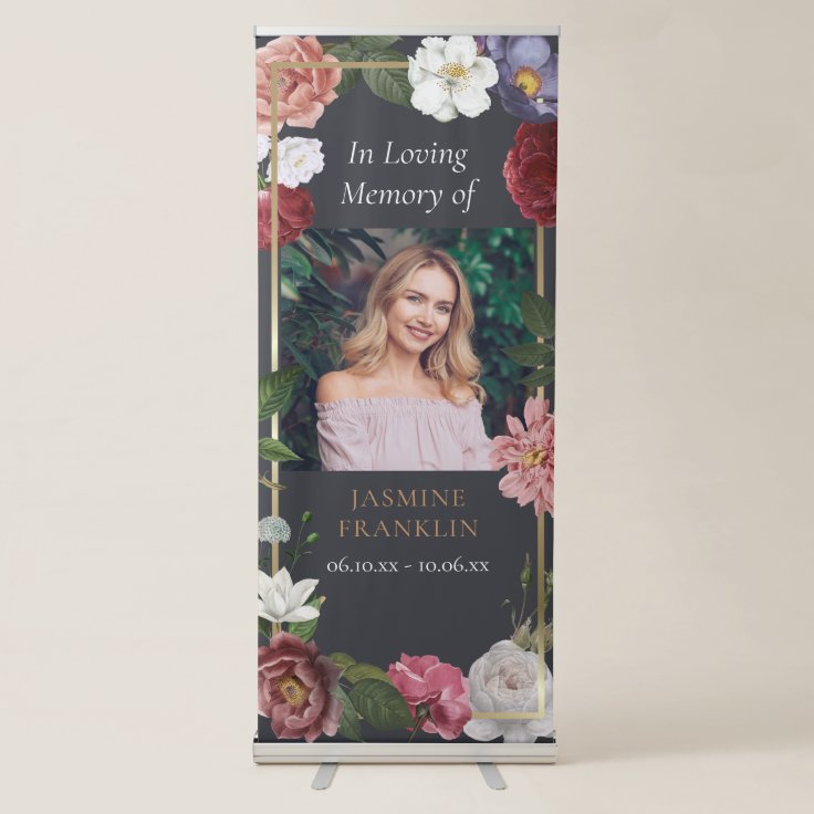 Funeral Memorial In Loving Memory Floral Photo Retractable Banner | Zazzle