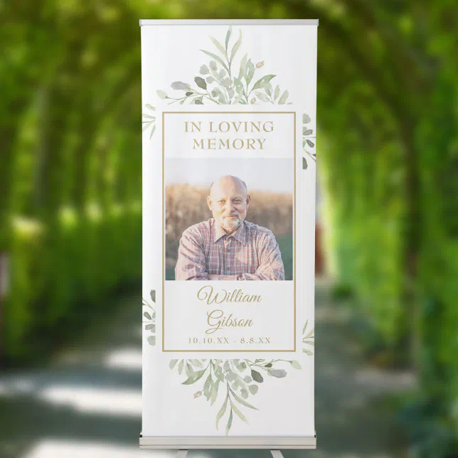 Funeral Memorial In Loving Memory Greenery Photo Retractable Banner ...