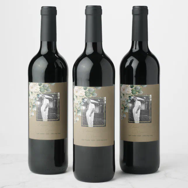 Funeral Memorial Male Photo Elegant Rose Brown Wine Label | Zazzle