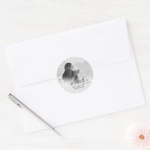 Funeral Memorial Overlay Photo Simple Monogram Classic Round Sticker ...