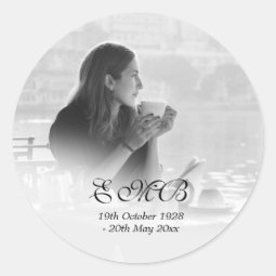 Funeral Memorial Overlay Photo Simple Monogram Classic Round Sticker ...