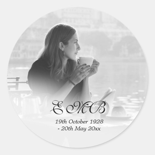 Funeral Memorial Overlay Photo Simple Monogram Classic Round Sticker ...