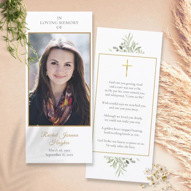 Funeral Memorial Photo Greenery Prayer Card | Zazzle