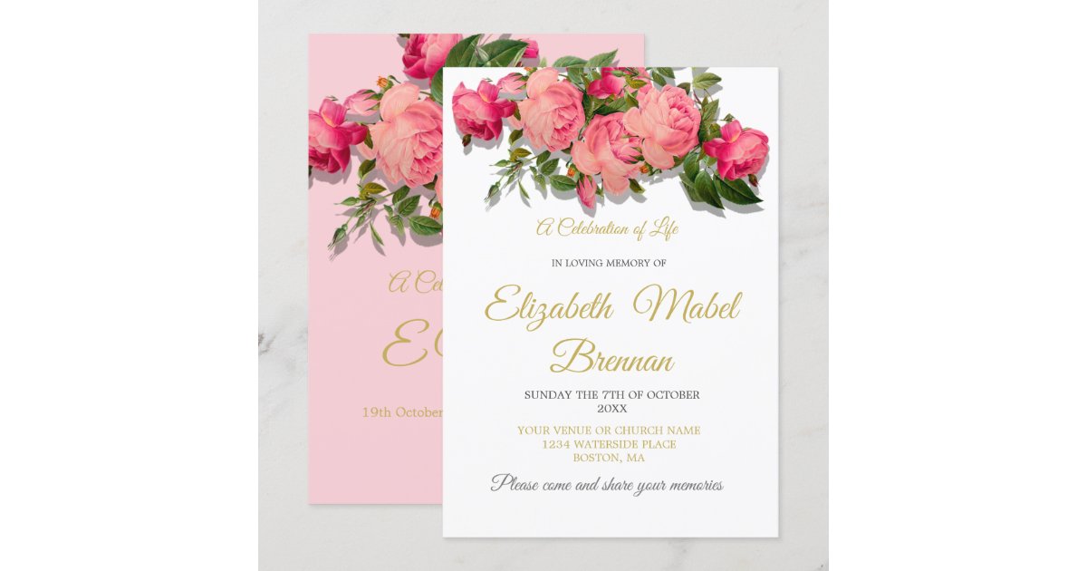 Funeral Memorial Pink Roses Celebration of life Invitation | Zazzle