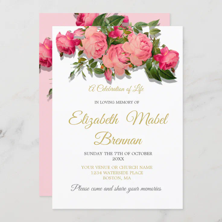 Funeral Memorial Pink Roses Celebration of life Invitation | Zazzle