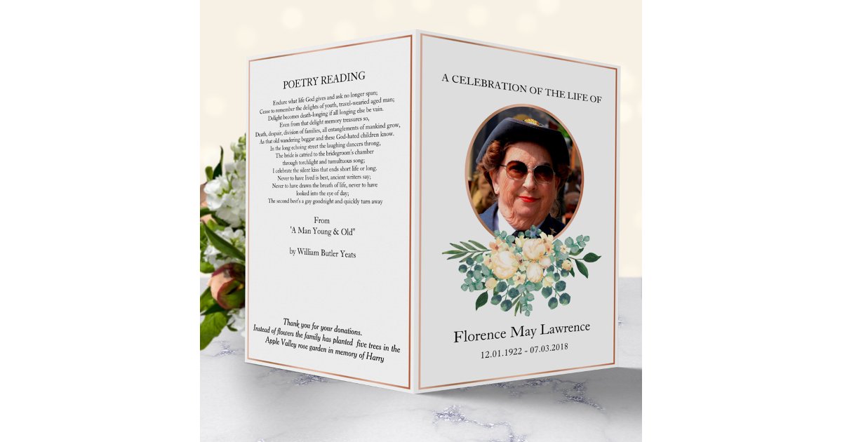 Funeral pamphlet, rose gold & white bouquet flyer | Zazzle