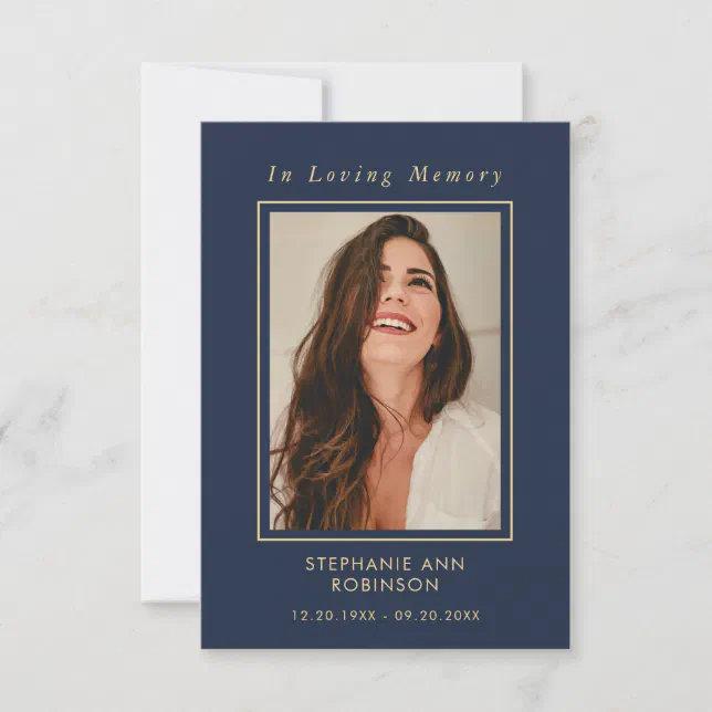 Funeral Photo Memorial Blue Gold Script Card | Zazzle