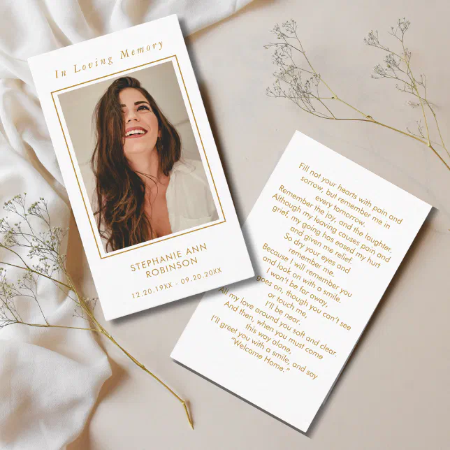 Funeral Photo Memorial Gold Script Prayer Card | Zazzle