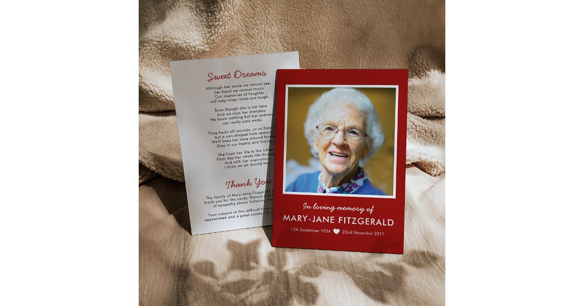 Funeral Photo Thank You | Red In Loving Memory | Zazzle