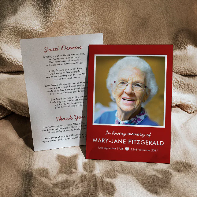 Funeral Photo Thank You | Red In Loving Memory | Zazzle