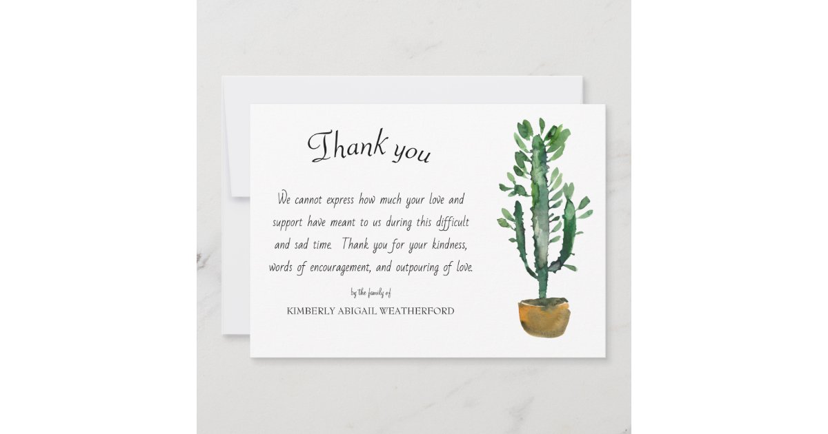 Funeral Potted Cactus Thank You Card | Zazzle