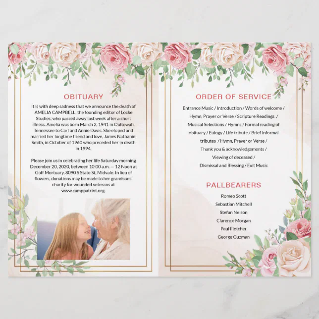 Funeral Program Brochure | Roses Order of Service | Zazzle