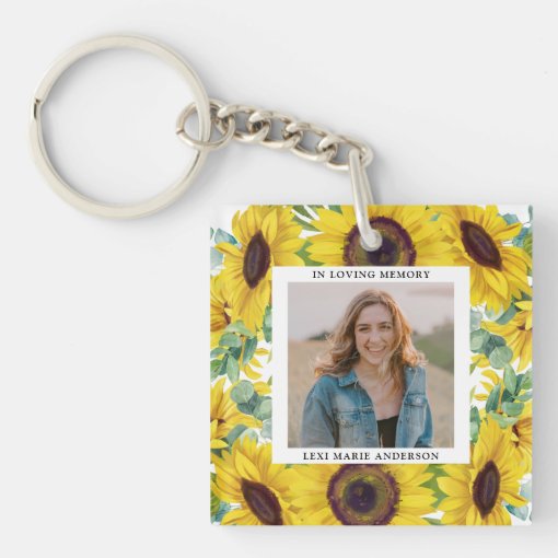 Funeral Sunflower Floral Photo Memorial Square Keychain | Zazzle